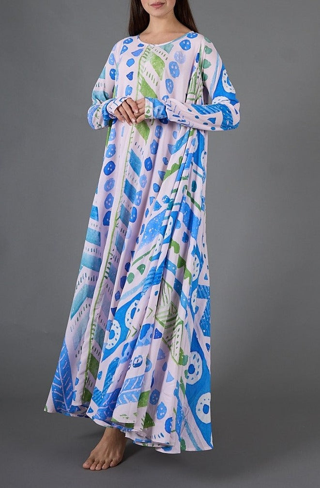 Flowy Light Pink Blue And Green Full Sleeve Kaftan